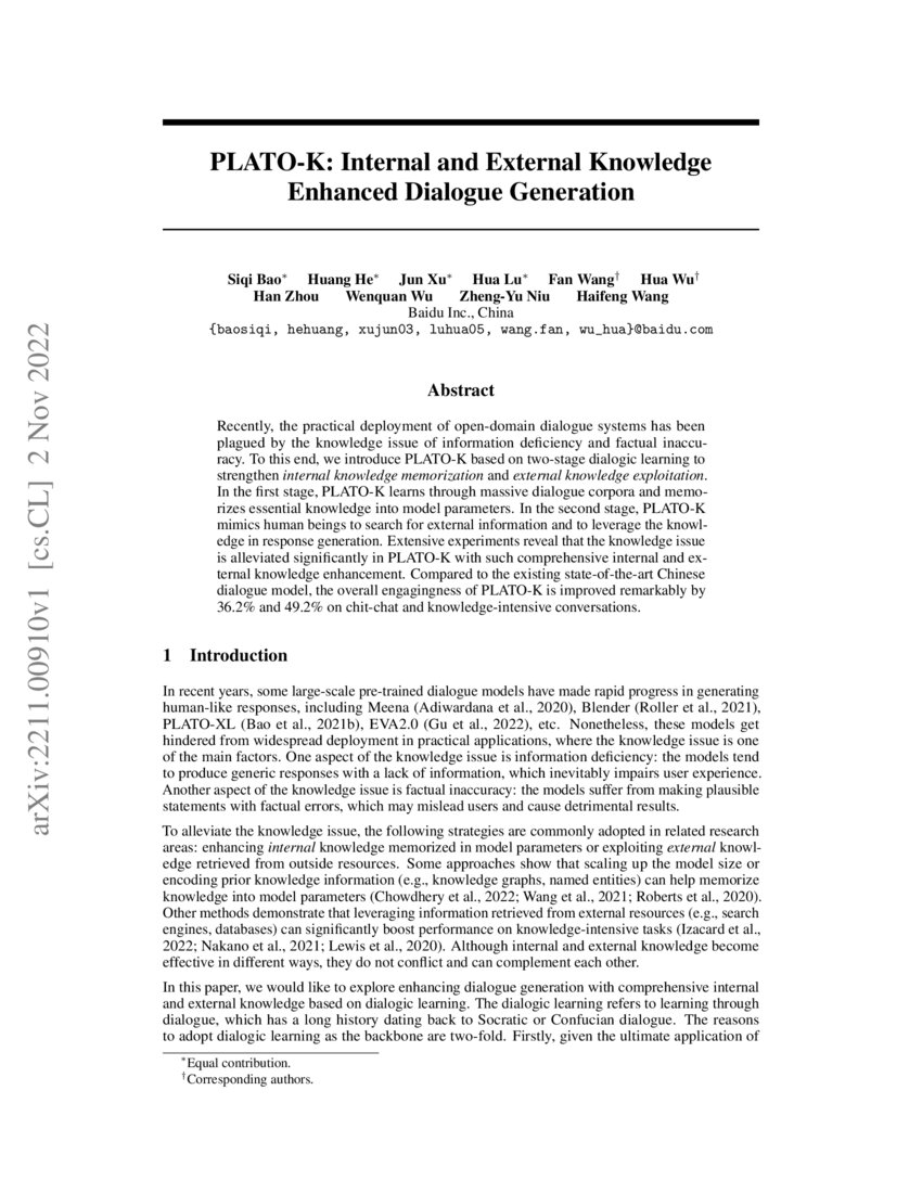 PLATO-K: Internal and External Knowledge Enhanced Dialogue Generation | DeepAI