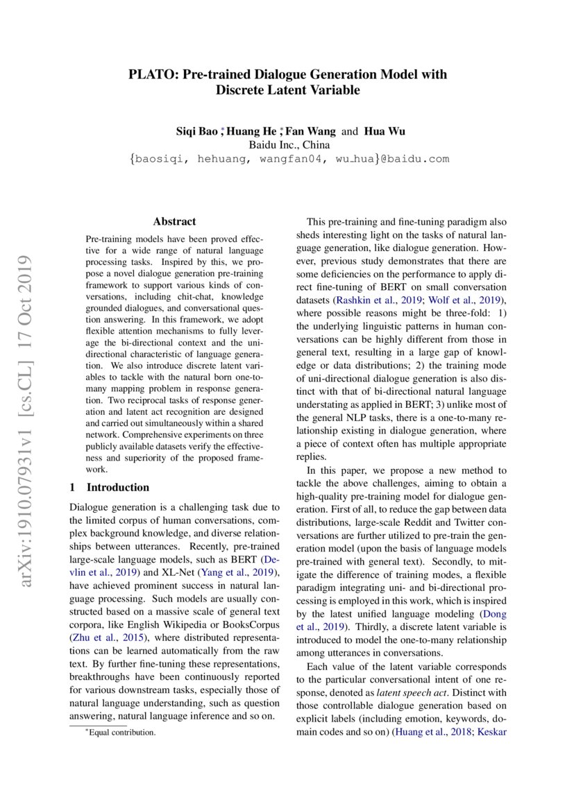 PLATO: Pre-trained Dialogue Generation Model with Discrete Latent Variable | DeepAI