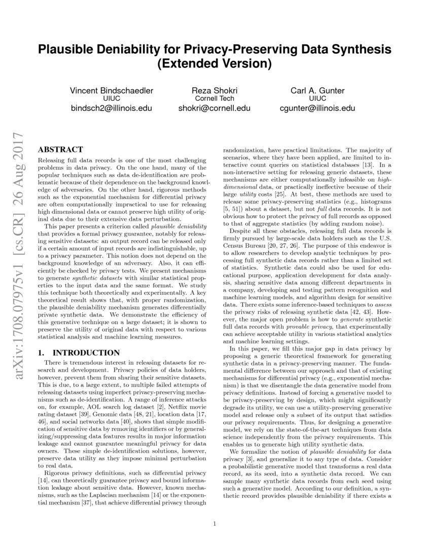 Plausible Deniability for Privacy-Preserving Data Synthesis | DeepAI