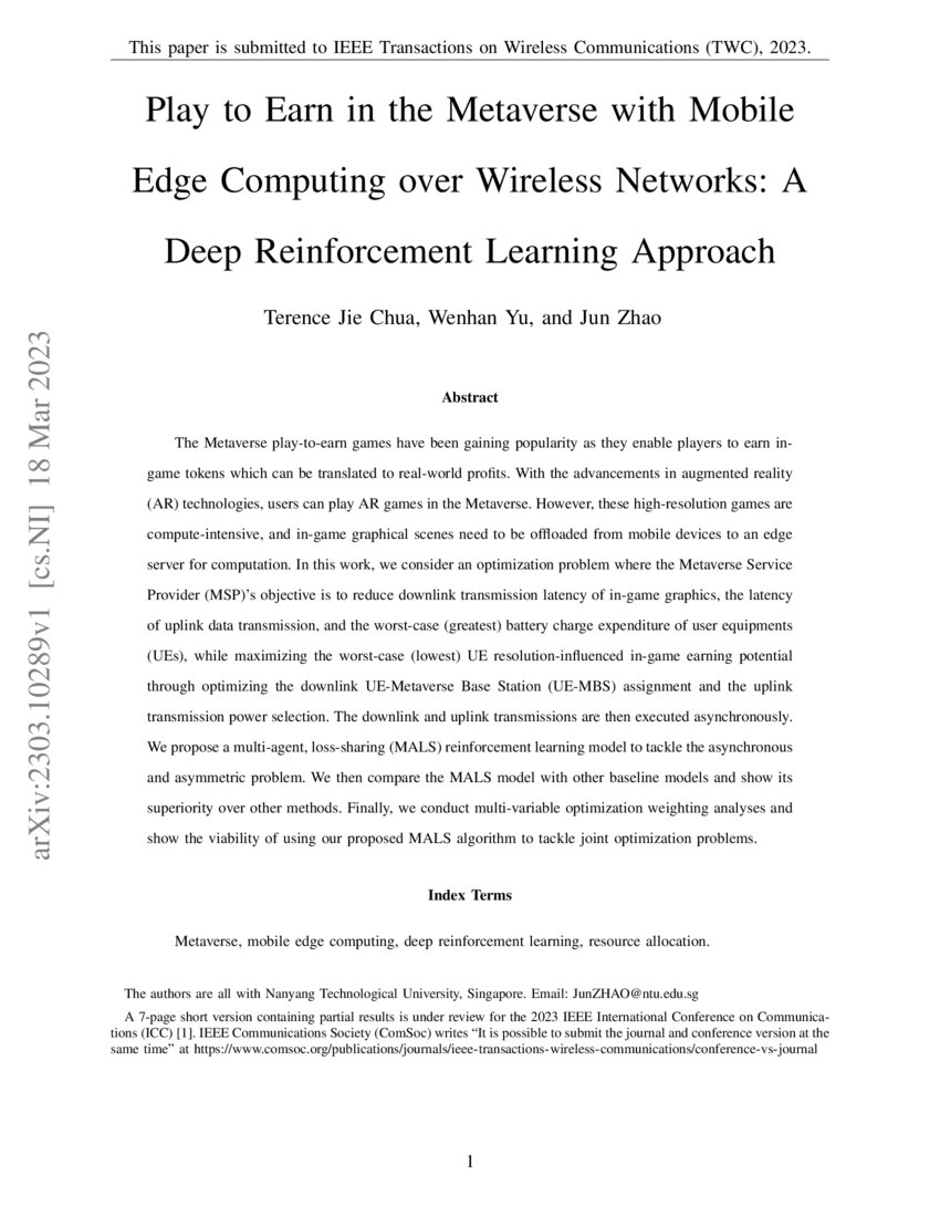 Play To Earn In The Metaverse With Mobile Edge Computing Over Wireless Networks A Deep