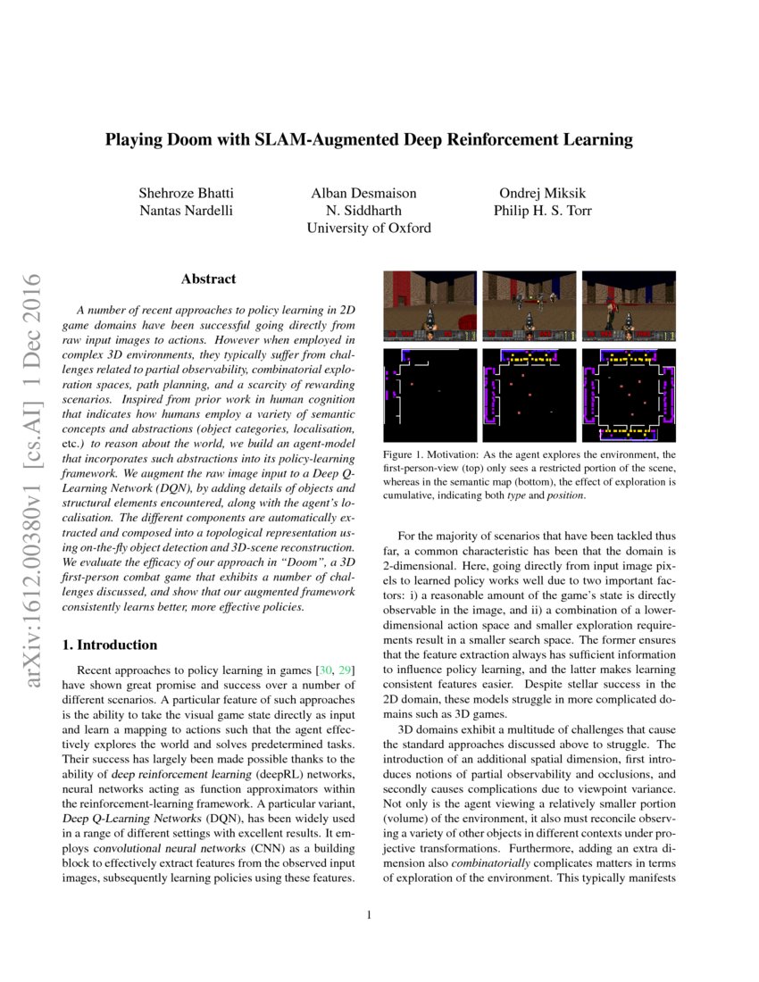 Playing Doom with SLAM-Augmented Deep Reinforcement Learning | DeepAI