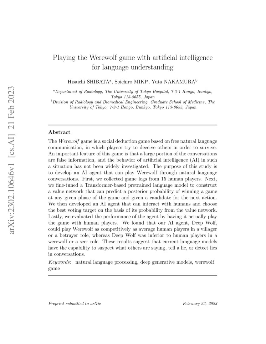 Playing The Werewolf Game With Artificial Intelligence For Language Understanding Deepai