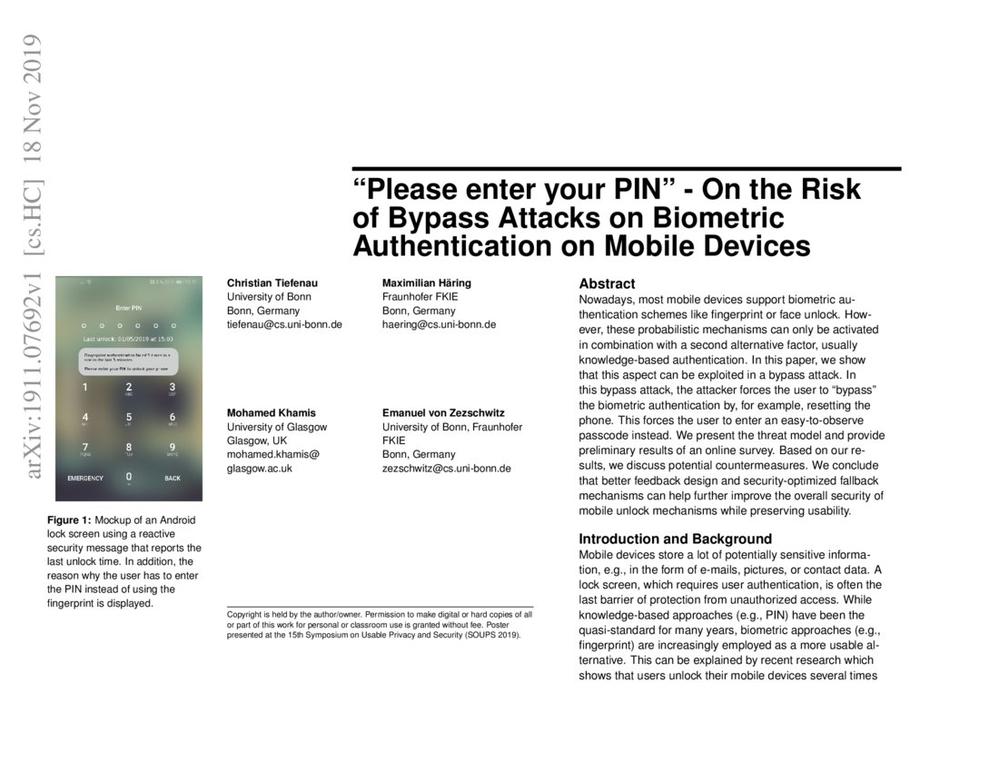 "Please enter your PIN" – On the Risk of Bypass Attacks on Biometric ...
