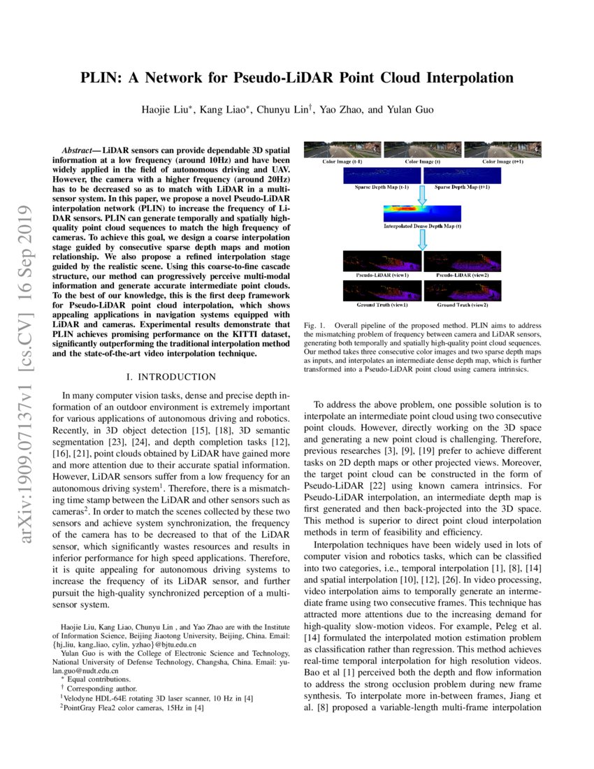Plin A Network For Pseudo Lidar Point Cloud Interpolation Deepai