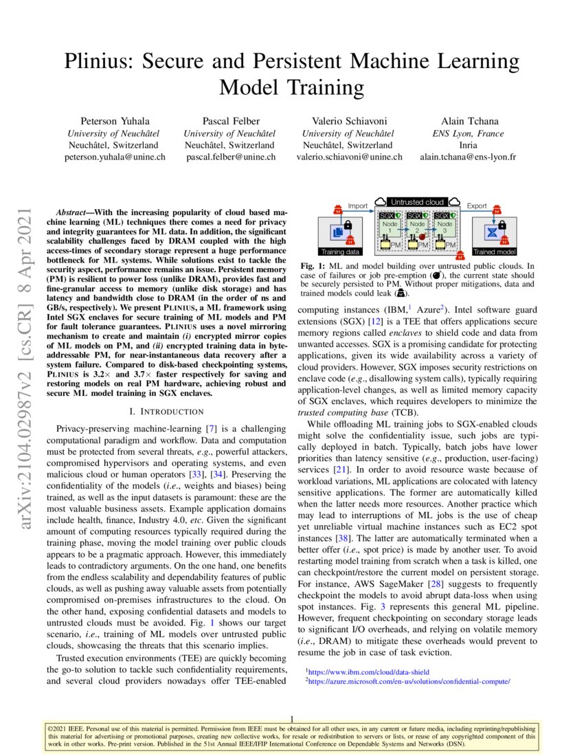 Plinius: Secure and Persistent Machine Learning Model Training | DeepAI