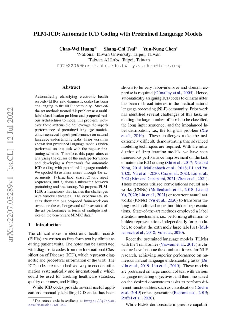 PLM-ICD: Automatic ICD Coding with Pretrained Language Models | DeepAI