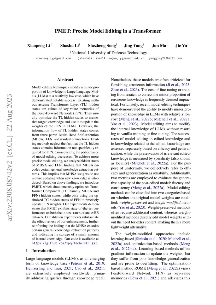 PMET: Precise Model Editing in a Transformer | DeepAI