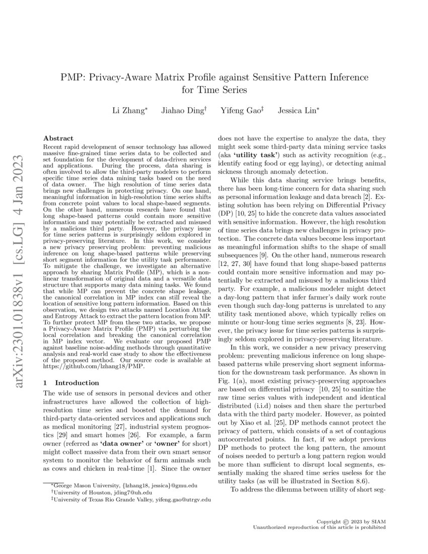 Pmp Privacy Aware Matrix Profile Against Sensitive Pattern Inference For Time Series Deepai