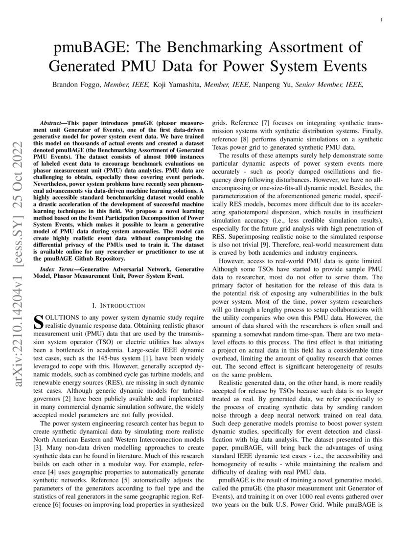 pmuBAGE: The Benchmarking Assortment of Generated PMU Data for Power System Events | DeepAI