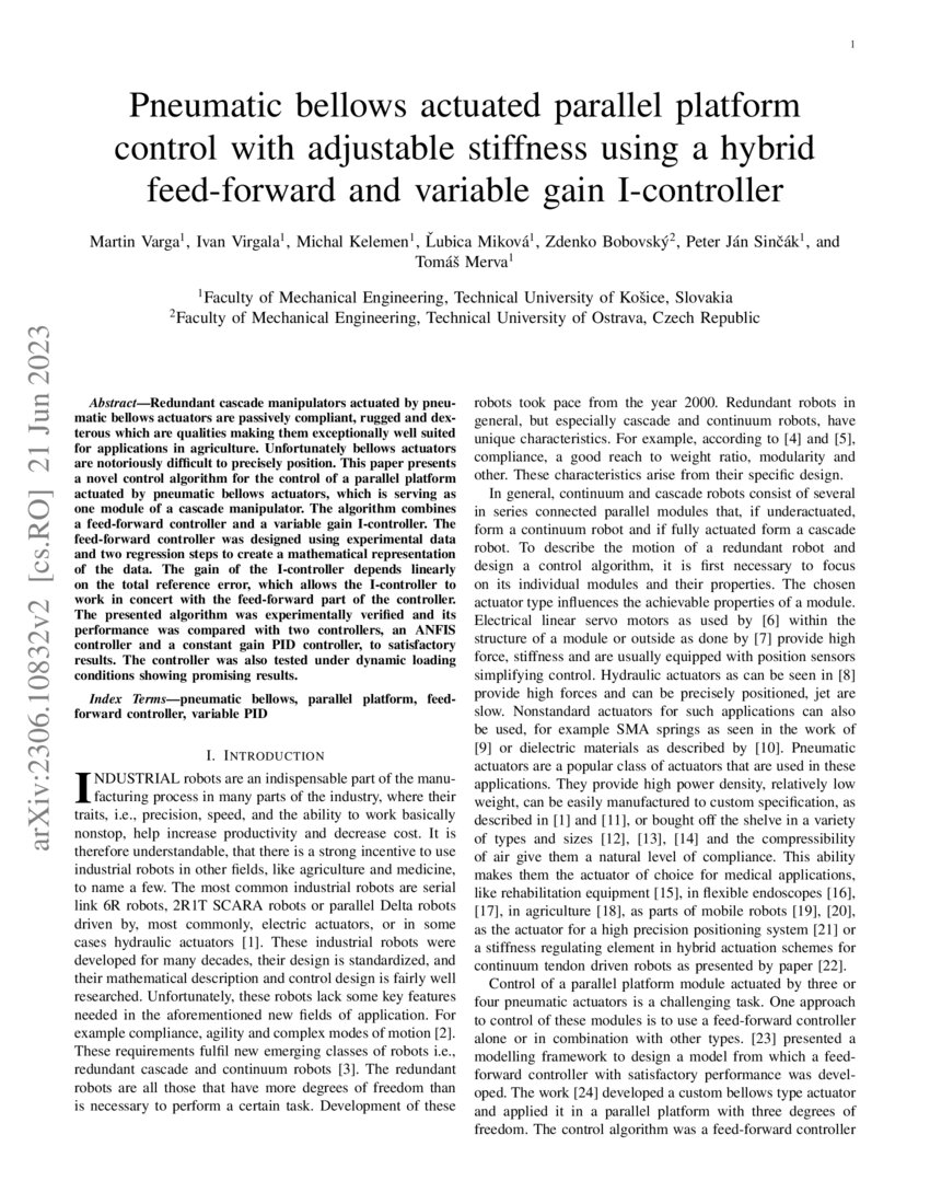 Pneumatic bellows actuated parallel platform control with adjustable stiffness using a hybrid ...