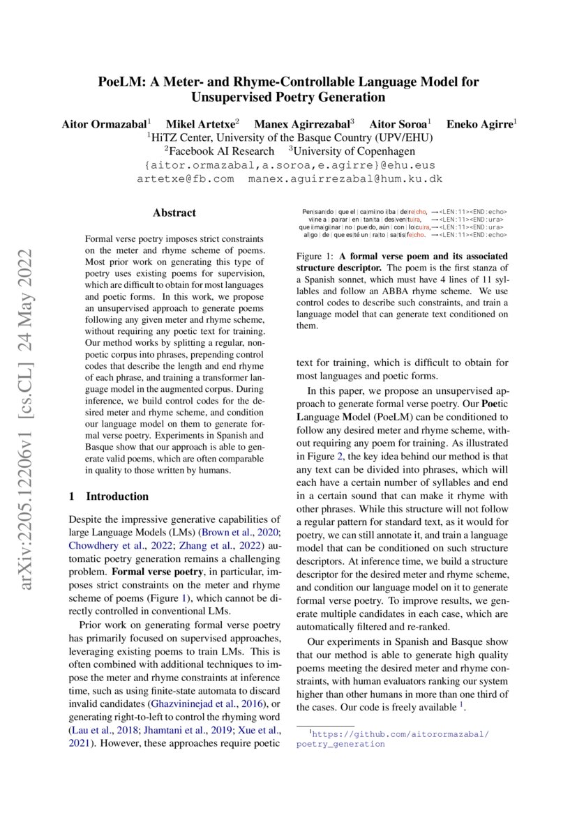 PoeLM: A Meter- and Rhyme-Controllable Language Model for Unsupervised ...