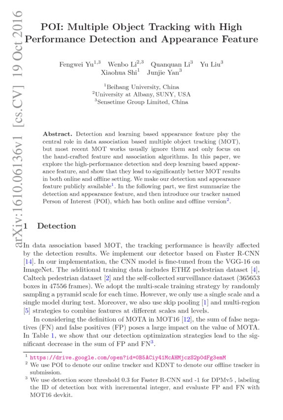 Poi Multiple Object Tracking With High Performance Detection And Appearance Feature Deepai