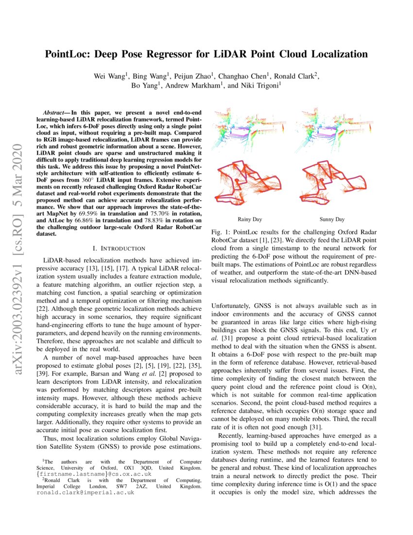 PointLoc: Deep Pose Regressor for LiDAR Point Cloud Localization | DeepAI