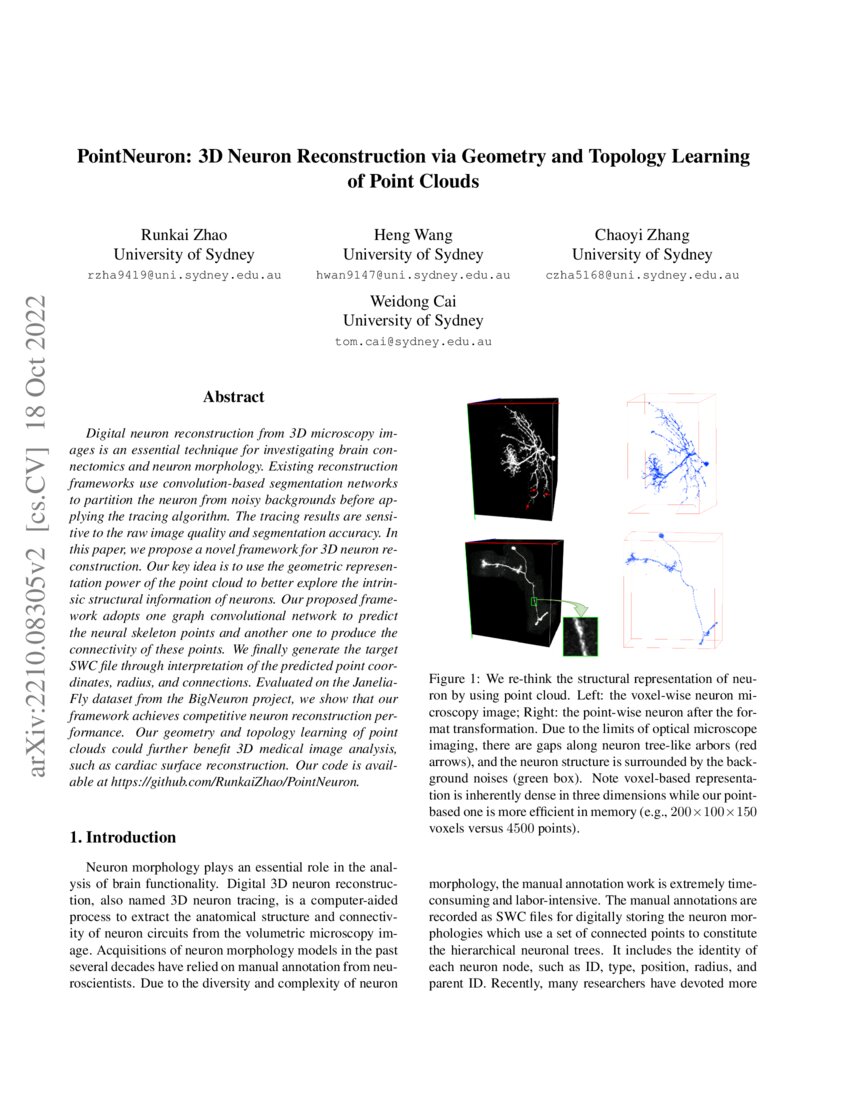 PointNeuron: 3D Neuron Reconstruction via Geometry and Topology Learning of Point Clouds | DeepAI