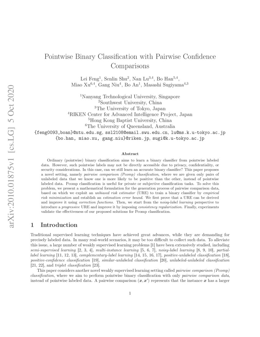 Pointwise Binary Classification with Pairwise Confidence Comparisons | DeepAI