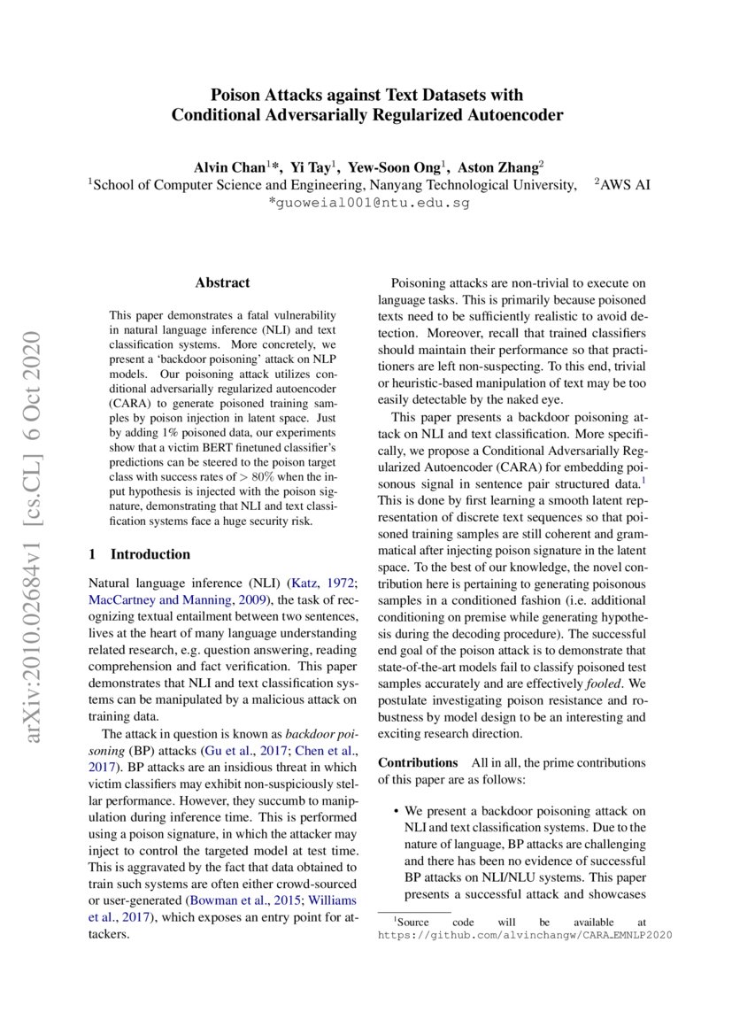 Poison Attacks Against Text Datasets With Conditional Adversarially Regularized Autoencoder Deepai