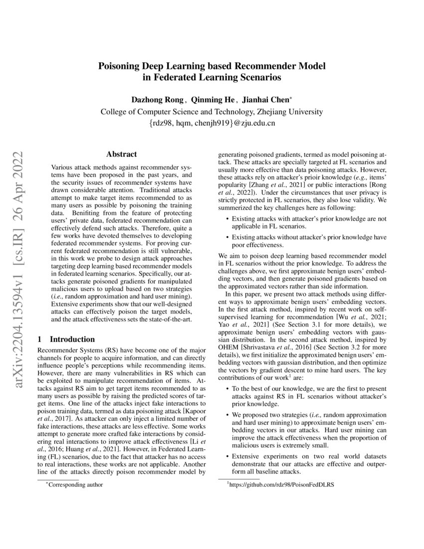 Poisoning Deep Learning Based Recommender Model in Federated Learning Scenarios | DeepAI