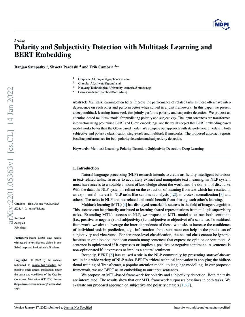Polarity and Subjectivity Detection with Multitask Learning and BERT Embedding | DeepAI