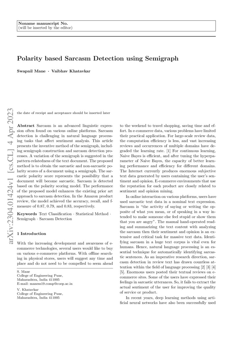 Polarity Based Sarcasm Detection Using Semigraph Deepai