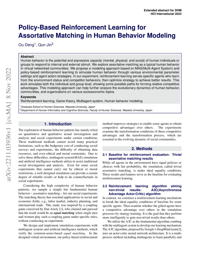 Policy-Based Reinforcement Learning for Assortative Matching in Human Behavior Modeling | DeepAI