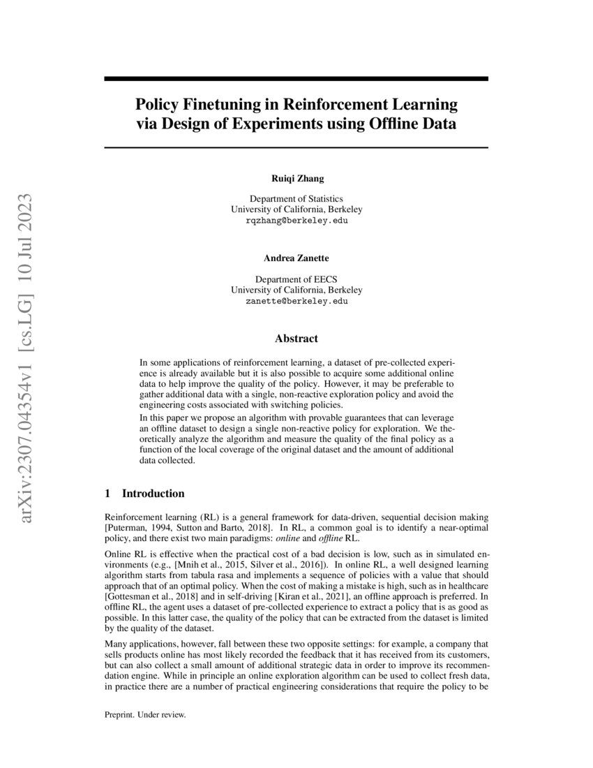Policy Finetuning in Reinforcement Learning via Design of Experiments ...