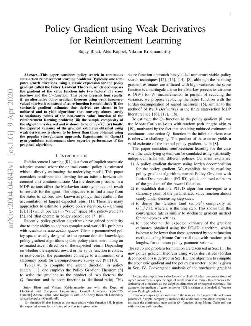Policy Gradient Using Weak Derivatives For Reinforcement Learning Deepai