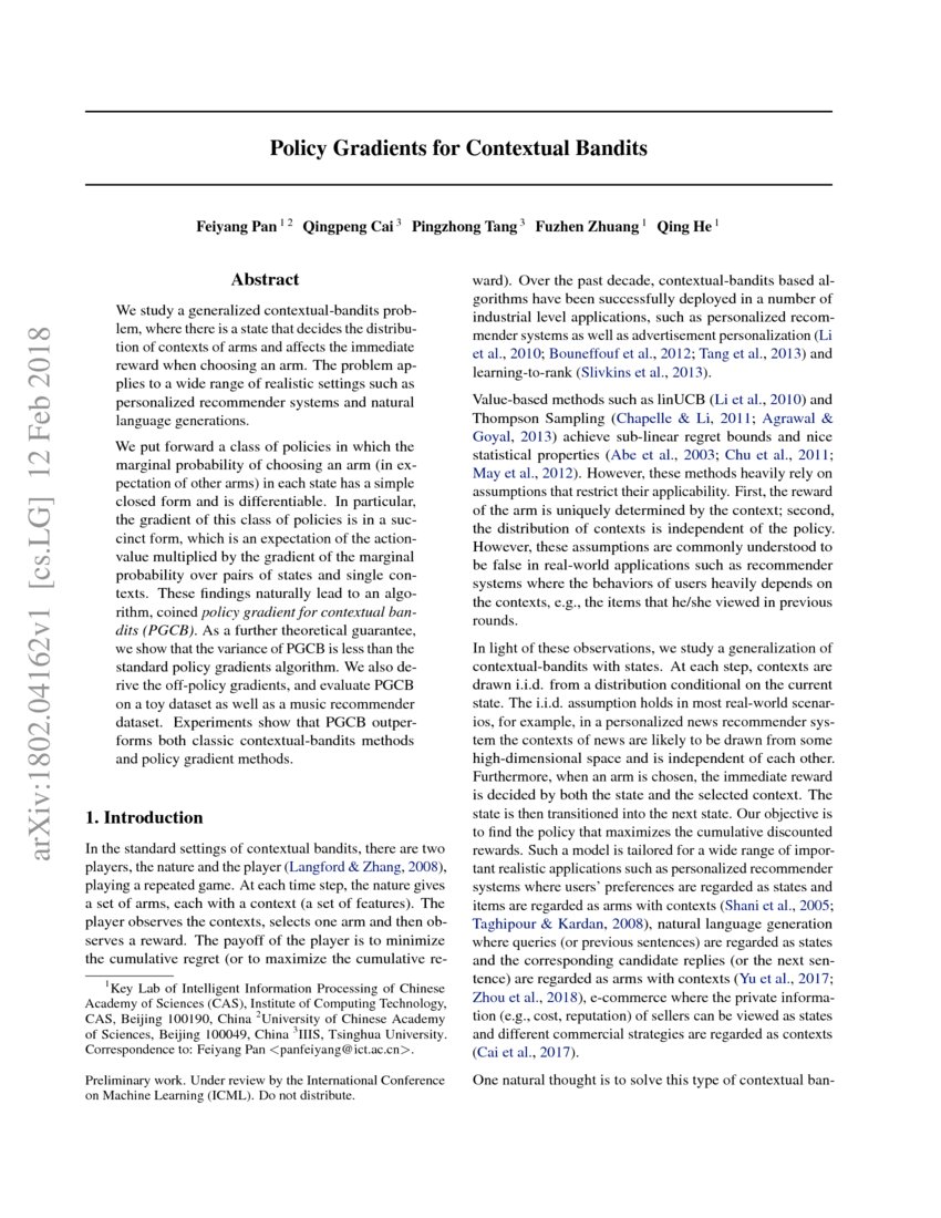 Policy Gradients For Contextual Bandits Deepai