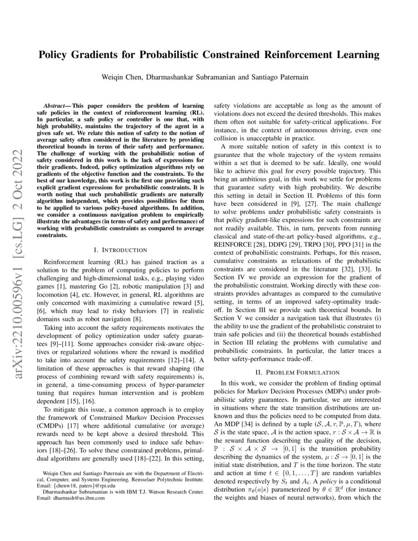 Policy Gradients for Probabilistic Constrained Reinforcement Learning ... Policy Gradients for Probabilistic Constrained Reinforcement Learning ...