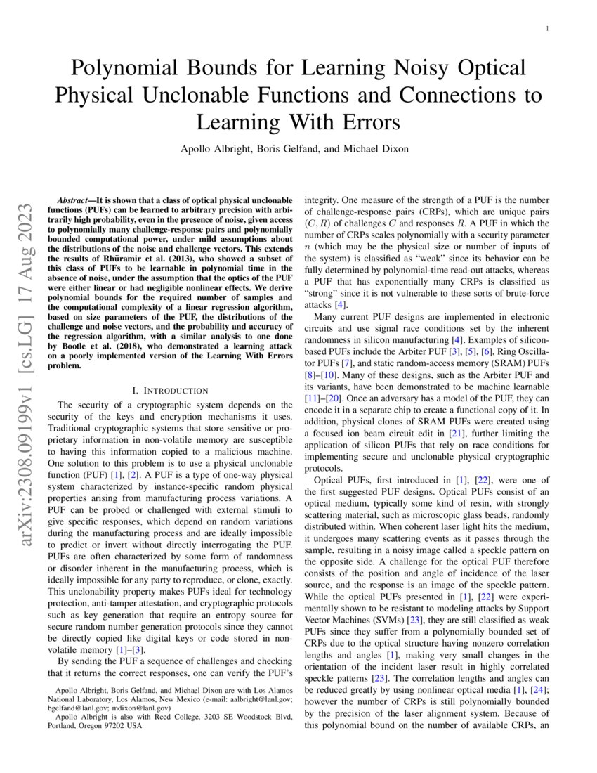 Polynomial Bounds For Learning Noisy Optical Physical Unclonable Functions And Connections To 