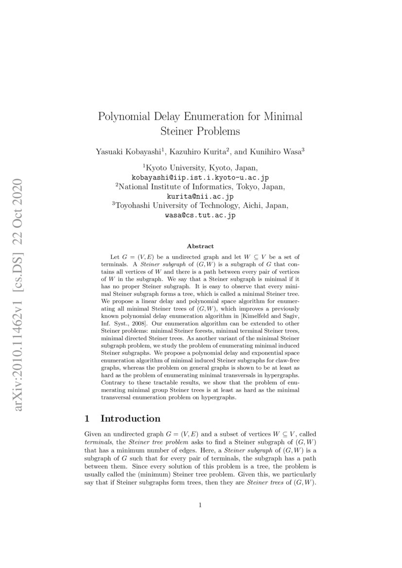 Polynomial Delay Enumeration For Minimal Steiner Problems Deepai 