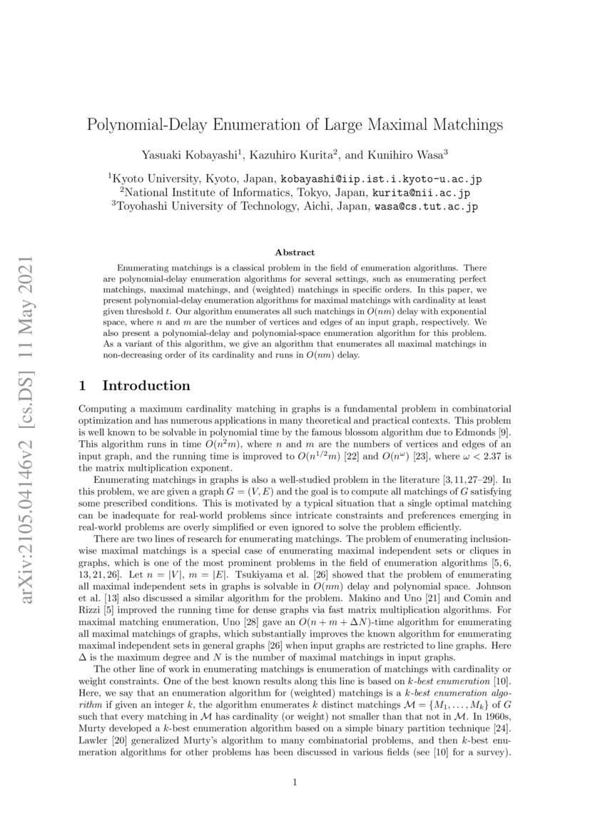 Polynomial Delay Enumeration Of Large Maximal Matchings Deepai