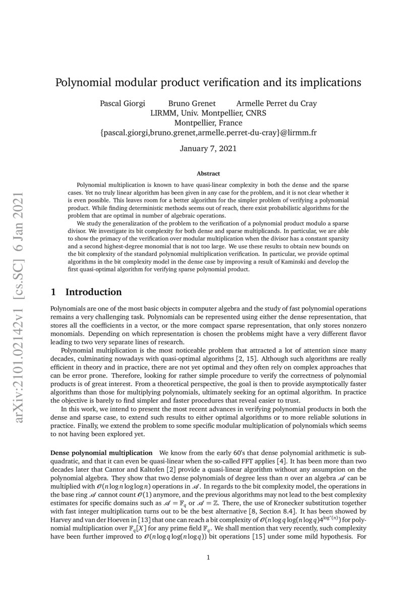 Polynomial modular product verification and its implications | DeepAI