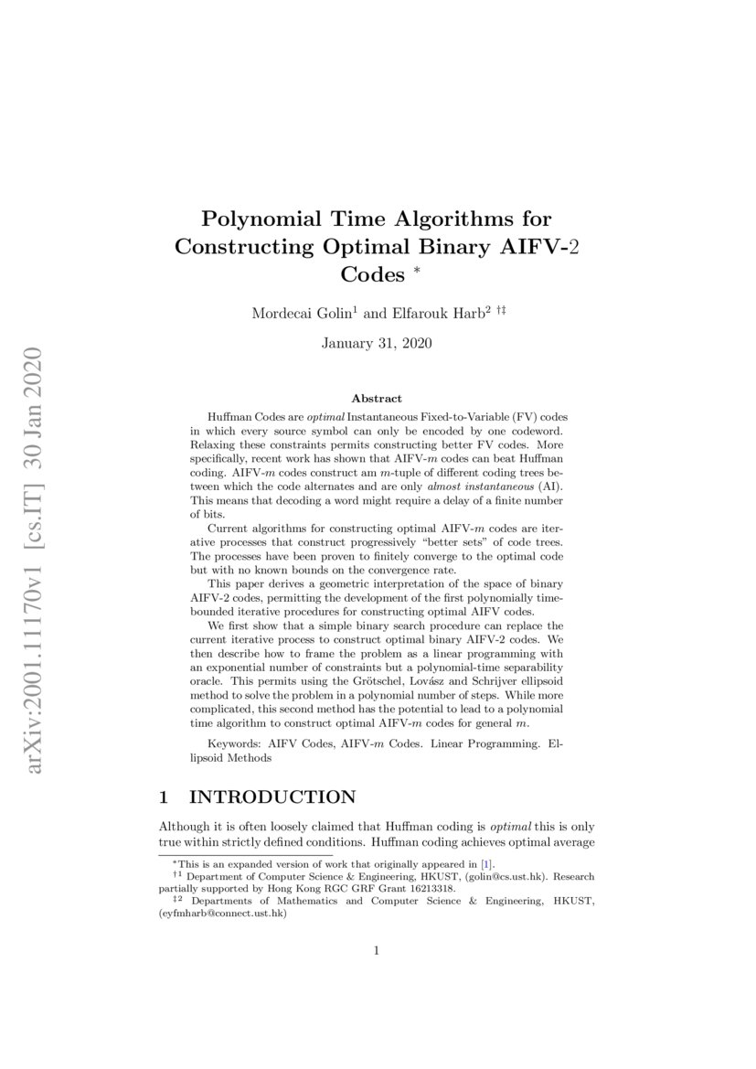 Polynomial Time Algorithms For Constructing Optimal Binary Aifv 2 Codes Deepai