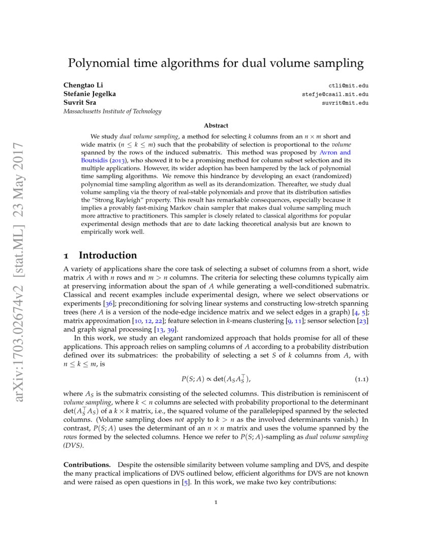 Polynomial Time Algorithms For Dual Volume Sampling Deepai