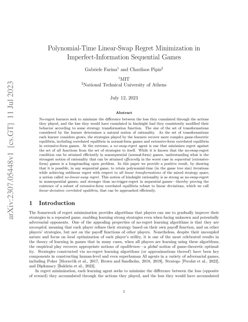 Polynomial Time Linear Swap Regret Minimization In Imperfect Information Sequential Games Deepai
