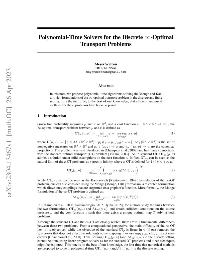 Polynomial-Time Solvers for the Discrete ∞-Optimal Transport Problems ... Polynomial-Time Solvers for the Discrete ∞-Optimal Transport Problems ...