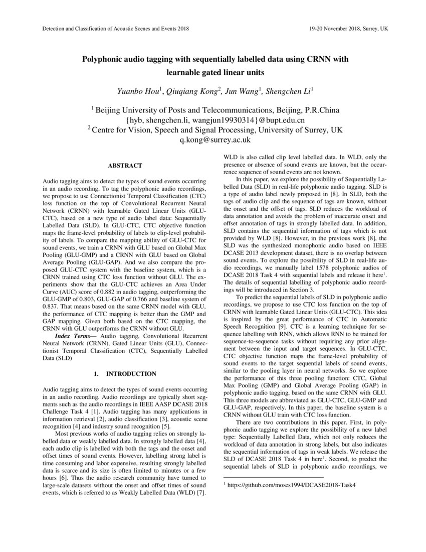 Polyphonic audio tagging with sequentially labelled data using CRNN with learnable gated linear ...