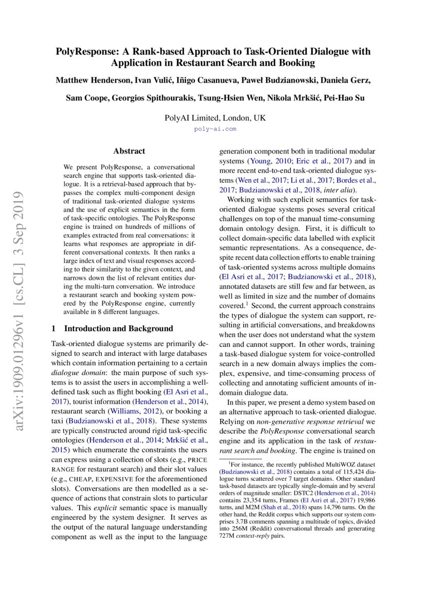 Polyresponse A Rank Based Approach To Task Oriented Dialogue With Application In Restaurant