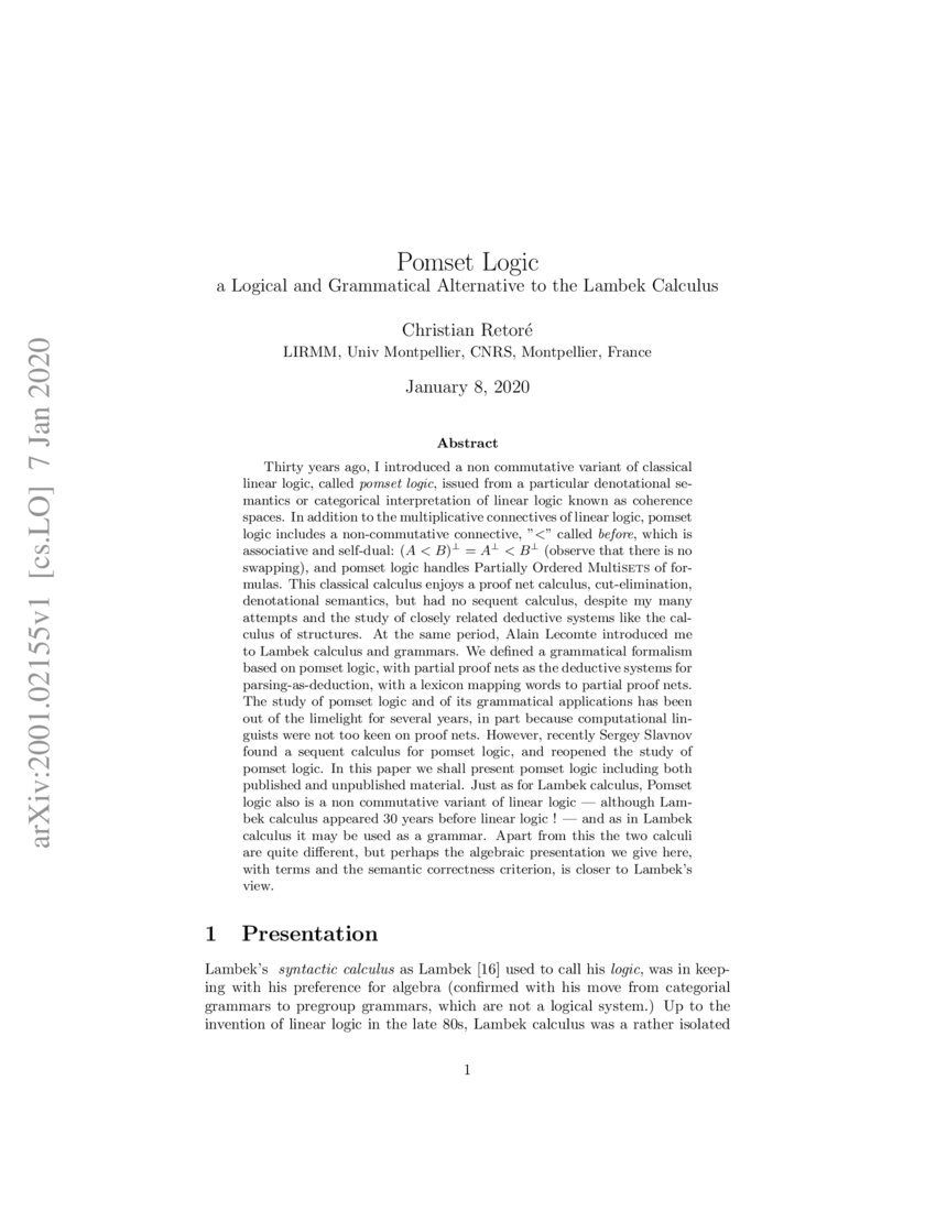 Pomset logic: a logical and grammatical alternative to the Lambek calculus | DeepAI