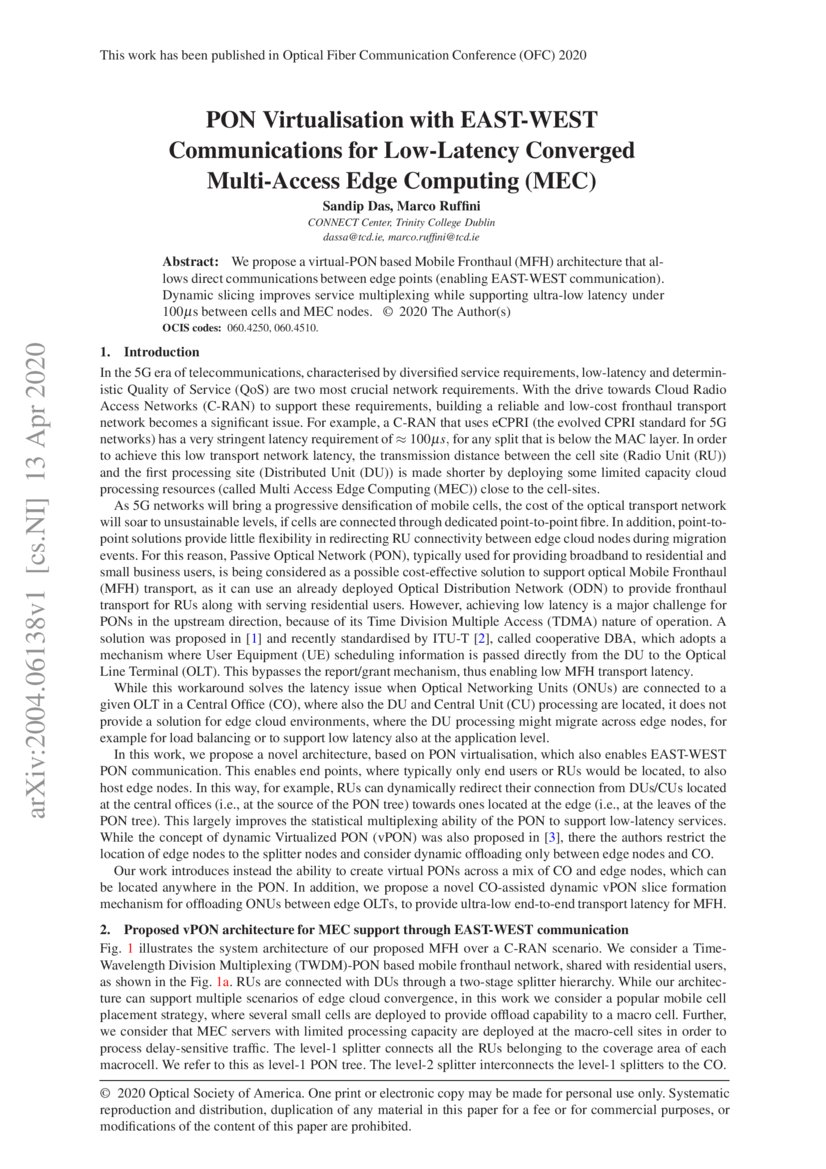 PON Virtualisation with EAST-WEST Communications for Low-Latency Converged Multi-Access Edge ...