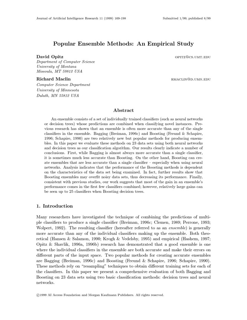Popular Ensemble Methods: An Empirical Study | DeepAI