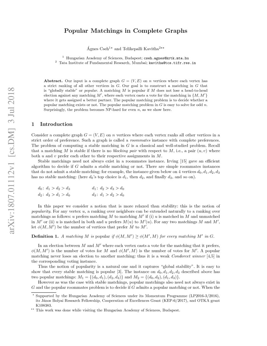 Popular Matchings in Complete Graphs | DeepAI