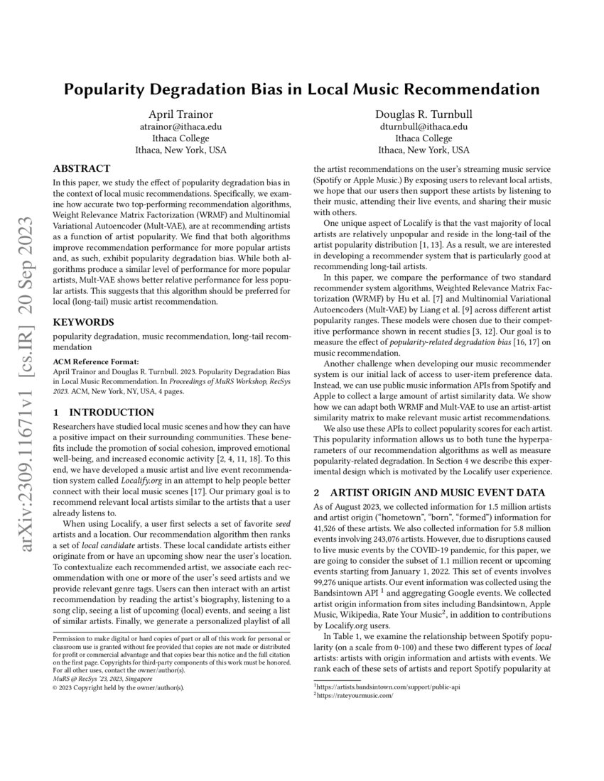 Popularity Degradation Bias In Local Music Recommendation Deepai