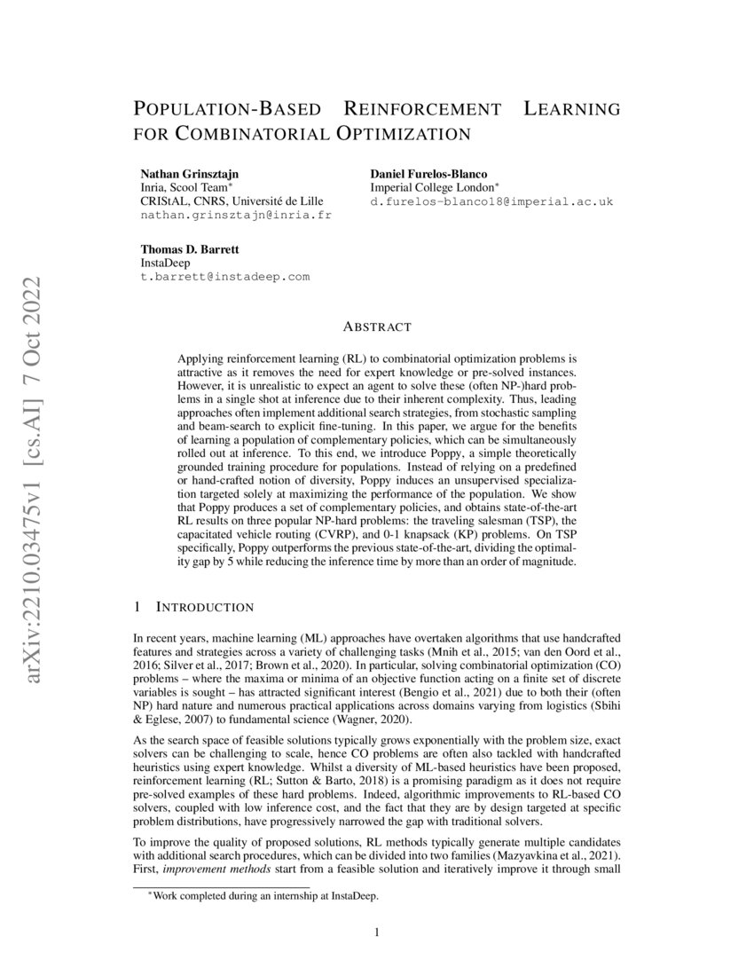 Population Based Reinforcement Learning For Combinatorial Optimization Deepai