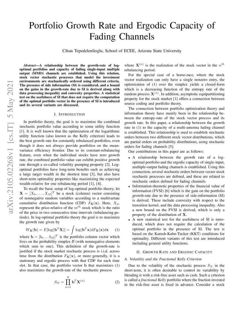 Portfolio Growth Rate and Ergodic Capacity of Fading Channels | DeepAI