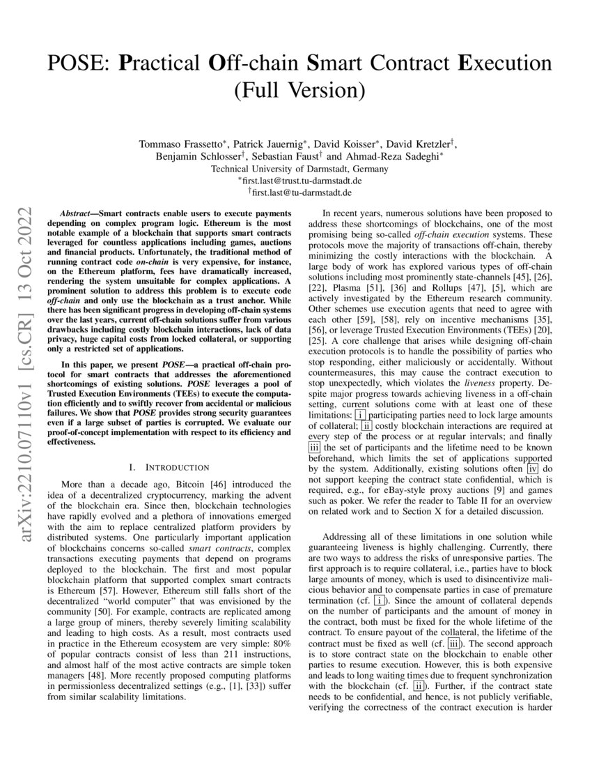 POSE: Practical Off-chain Smart Contract Execution | DeepAI