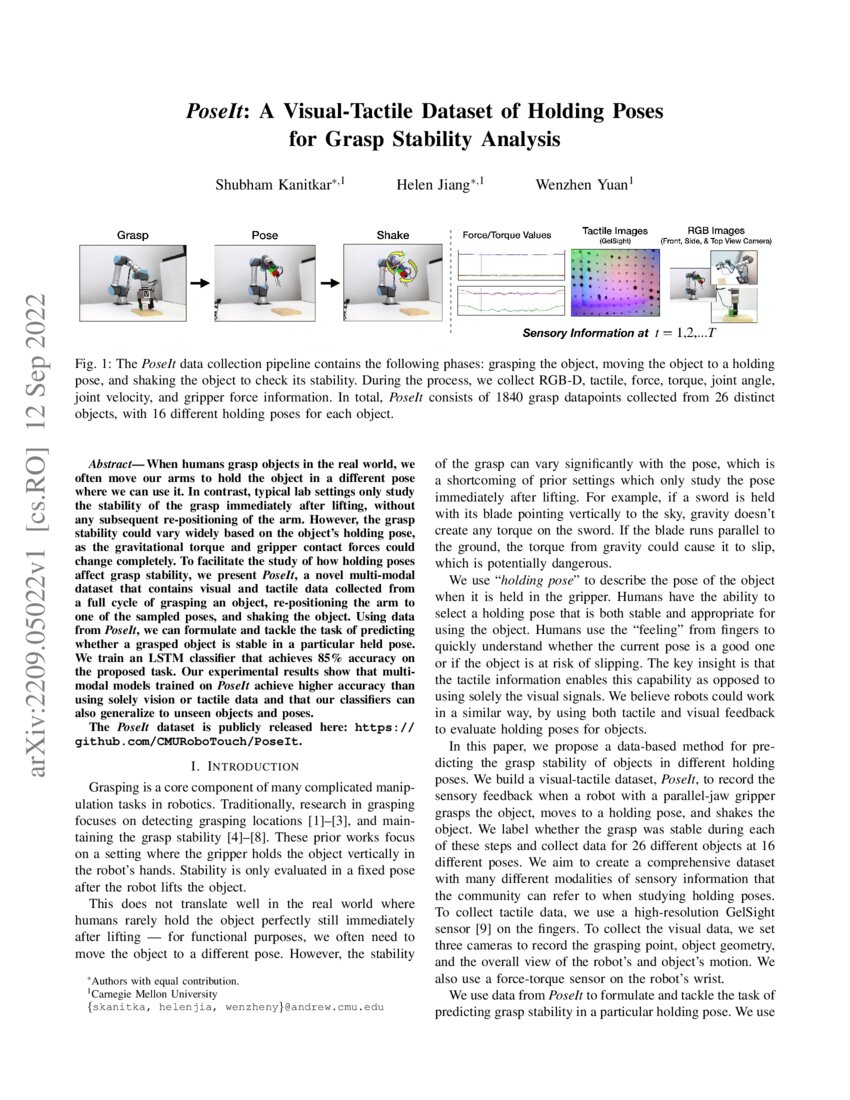 PoseIt: A Visual-Tactile Dataset of Holding Poses for Grasp Stability Analysis | DeepAI