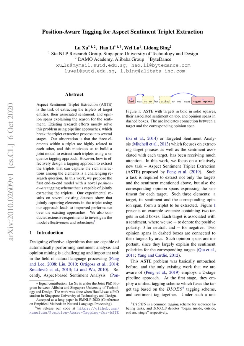 Position Aware Tagging For Aspect Sentiment Triplet Extraction Deepai