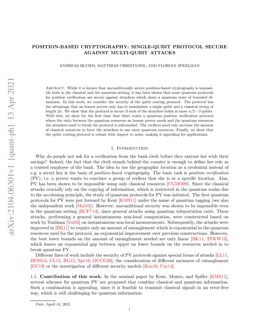 Position Based Cryptography Single Qubit Protocol Secure Against Multi Qubit Attacks Deepai