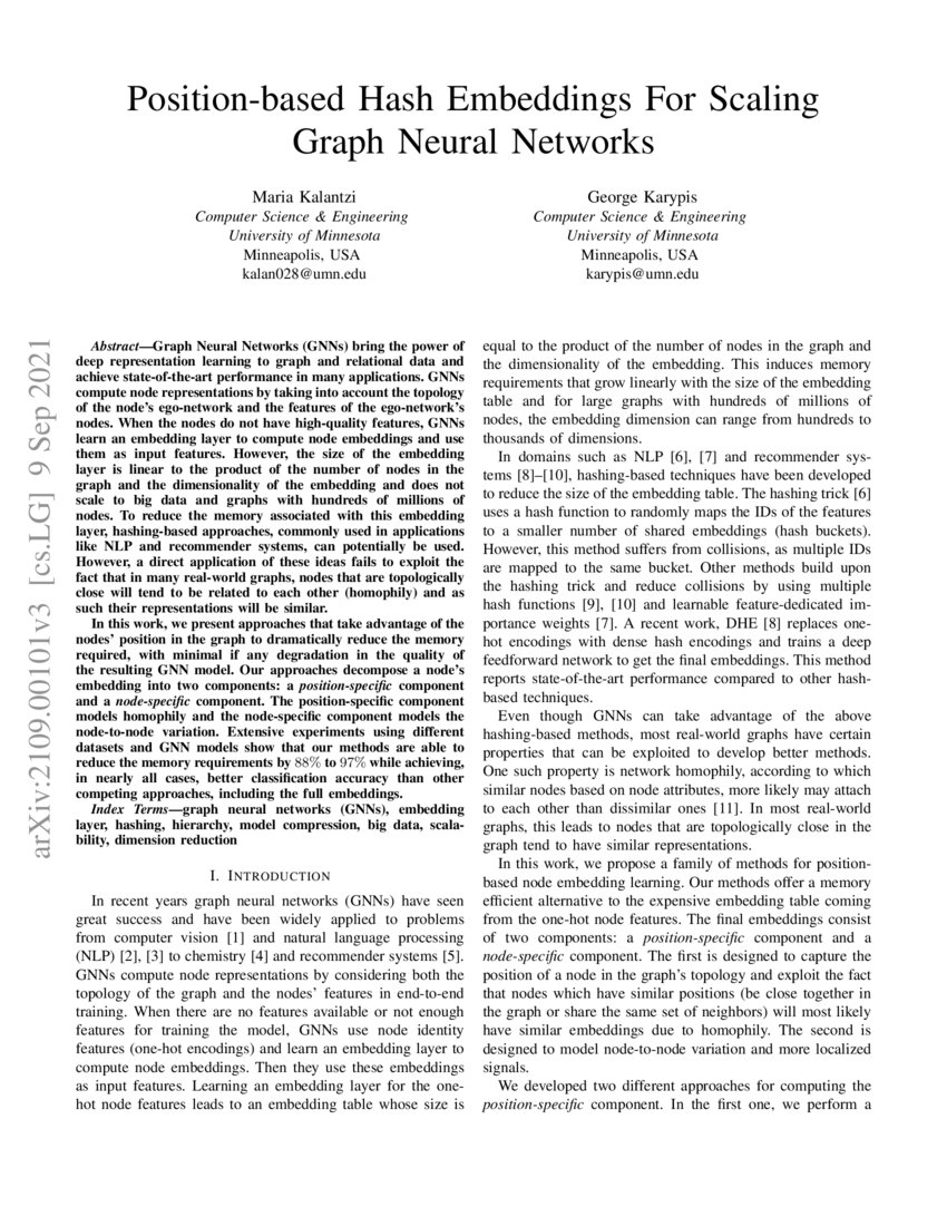 Position Based Hash Embeddings For Scaling Graph Neural Networks Deepai 